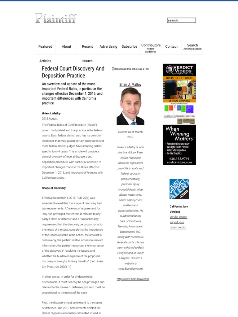 Federal Court Discovery and Deposition Practice | PDF