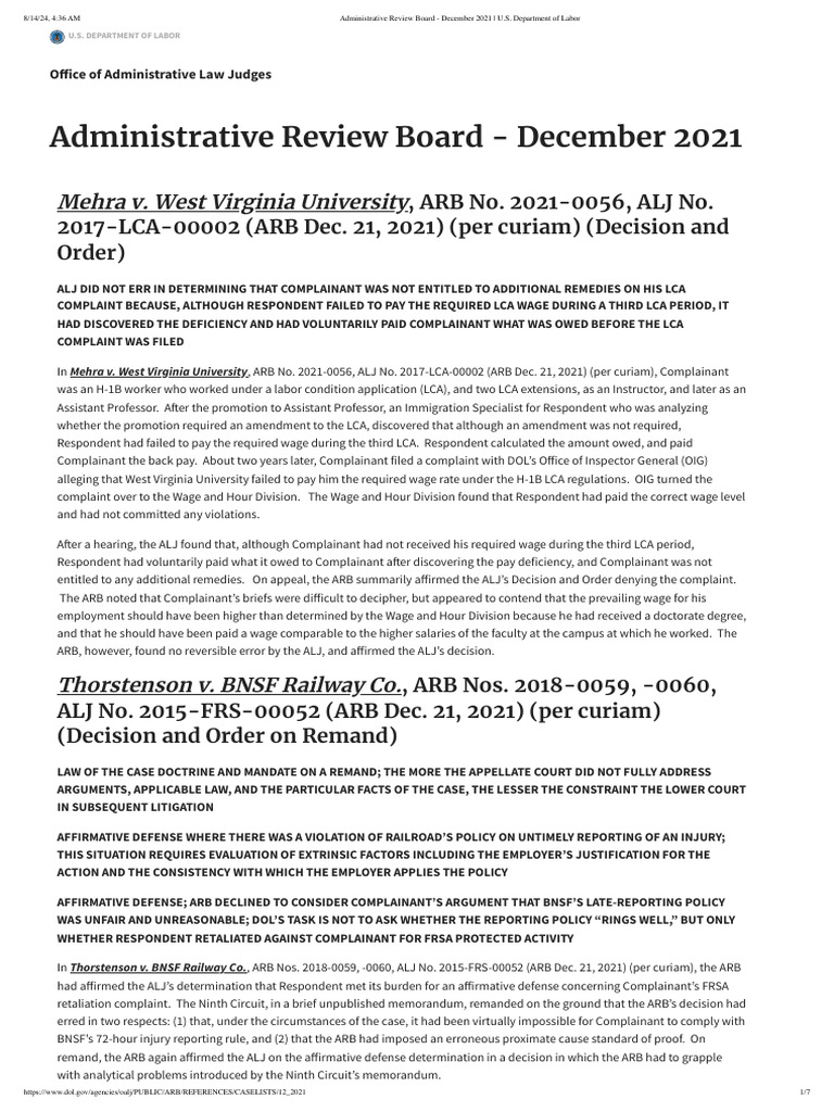 Administrative Review Board - December 2021 - U.S. Department of Labor ...