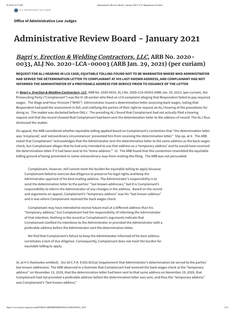 Administrative Review Board - January 2021 - U.S. Department of Labor | PDF