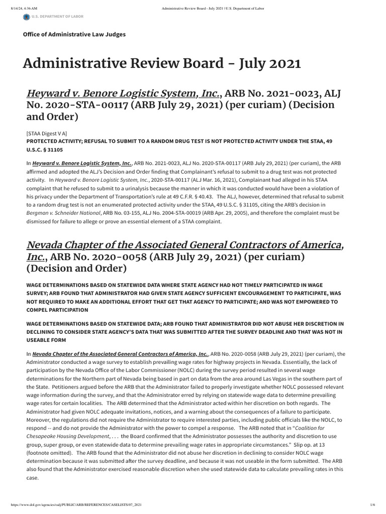 Administrative Review Board - July 2021 - U.S. Department of Labor | PDF
