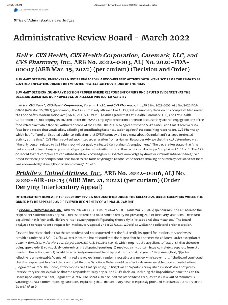 Administrative Review Board - March 2022 - U.S. Department of Labor | PDF