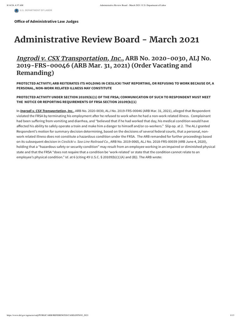 Administrative Review Board - March 2021 - U.S. Department of Labor | PDF