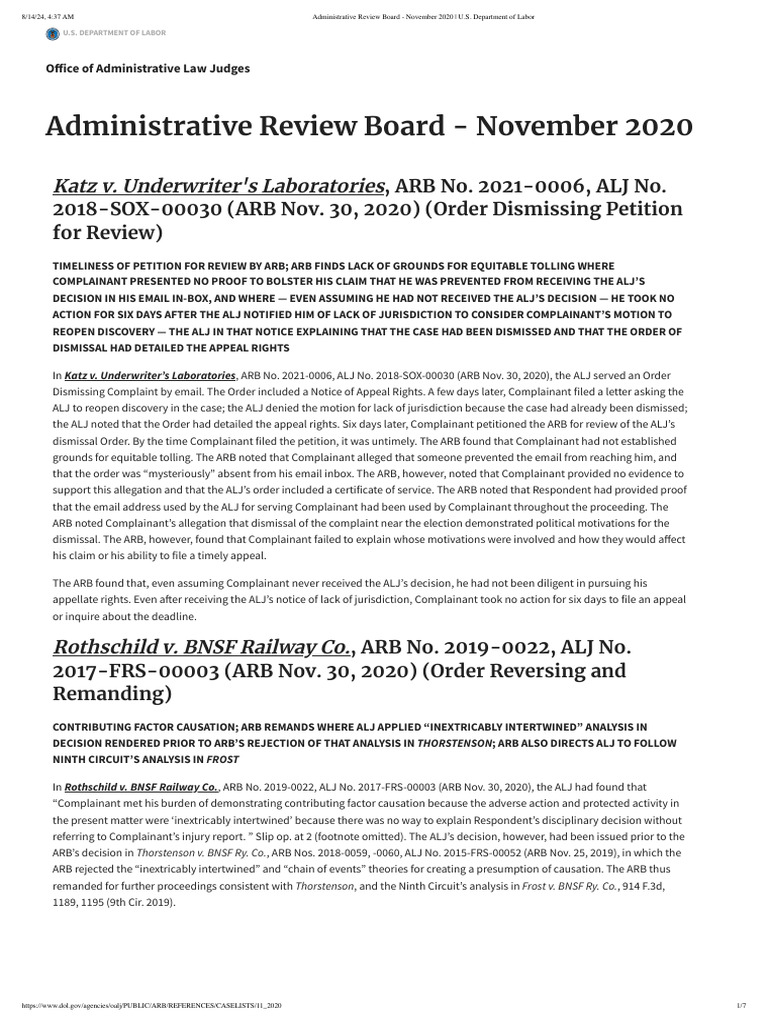 Administrative Review Board - November 2020 - U.S. Department of Labor ...