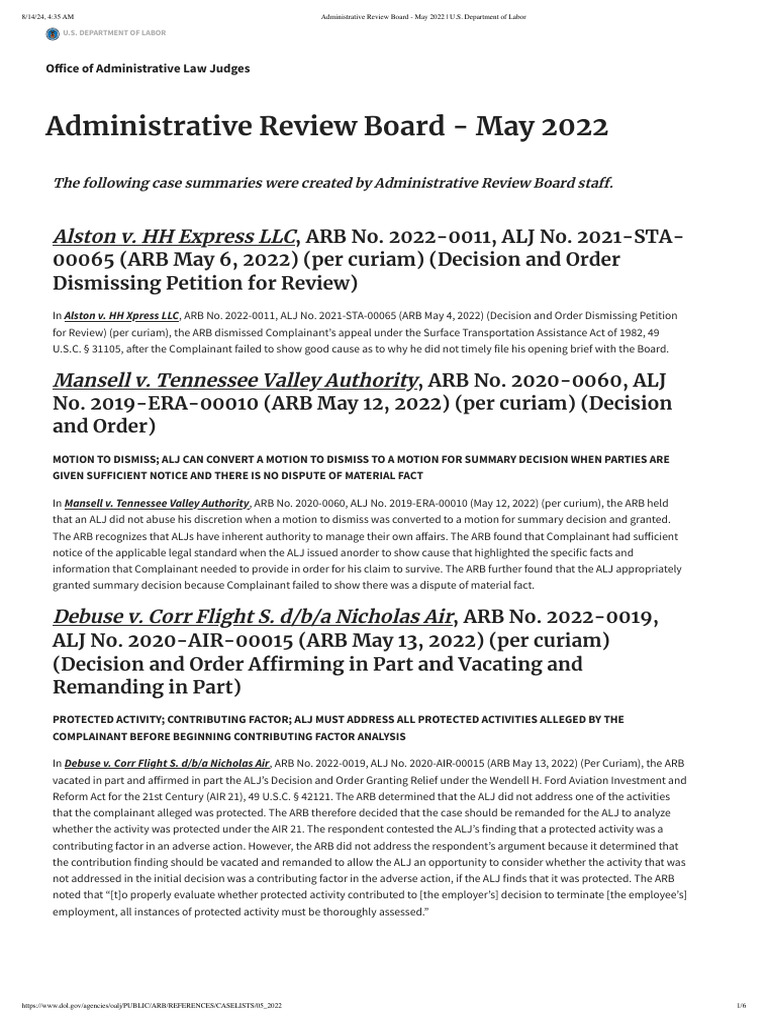 Administrative Review Board - May 2022 - U.S. Department of Labor | PDF