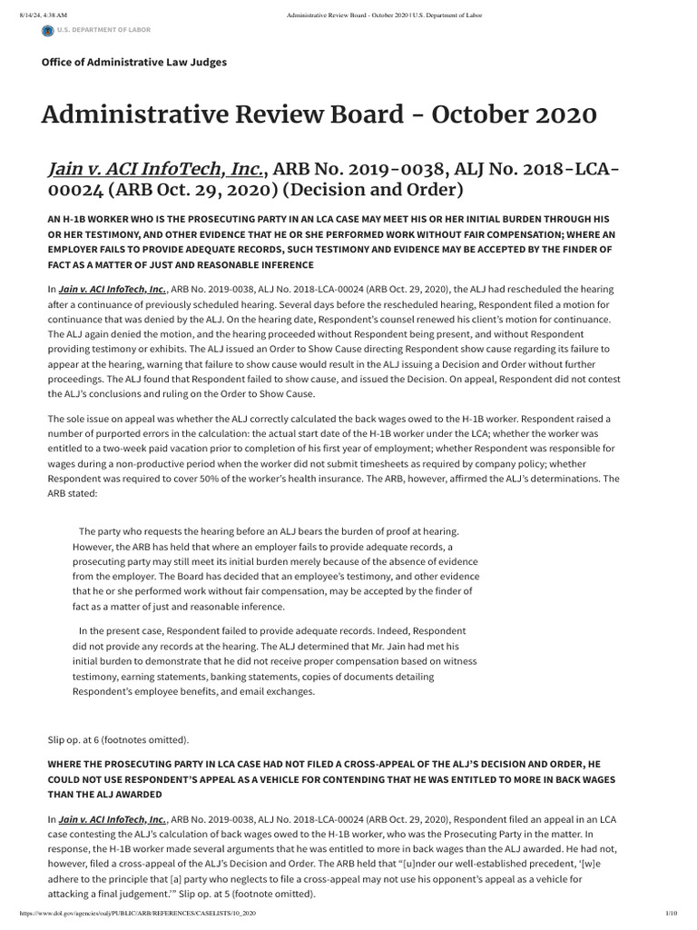 Administrative Review Board - October 2020 - U.S. Department of Labor | PDF