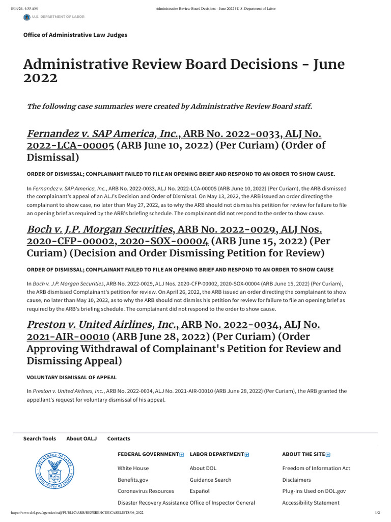 Administrative Review Board Decisions - June 2022 - U.S. Department of ...