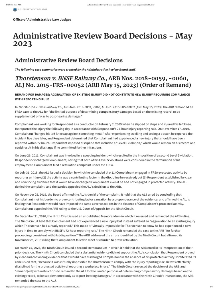 Administrative Review Board Decisions - May 2023 - U.S. Department of ...