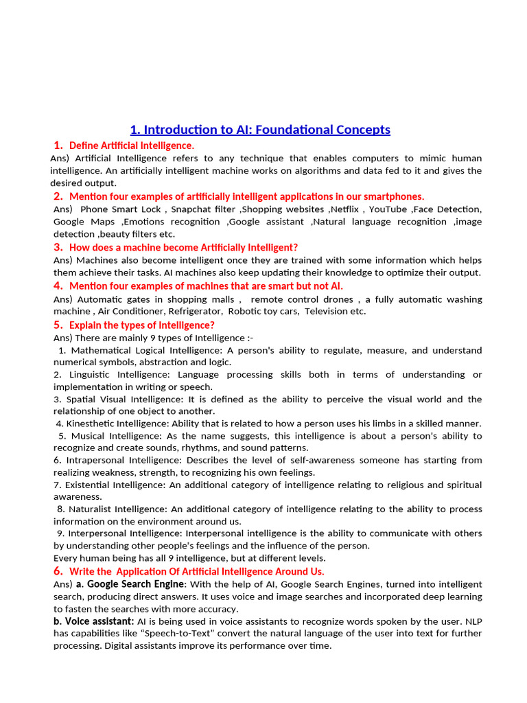1.introduction To AI Notes Class 10 | PDF