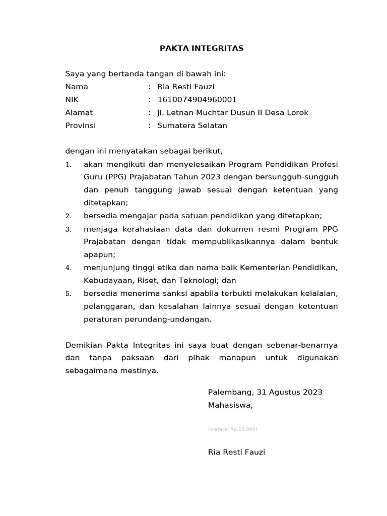 Pakta Integritas Mahasiswa PPG Prajabatan 2023 | PDF