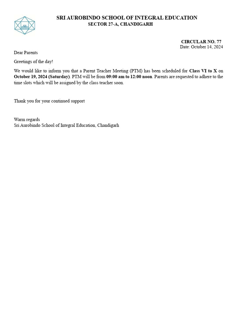 Circular For PTM Class 6 To 10 | PDF