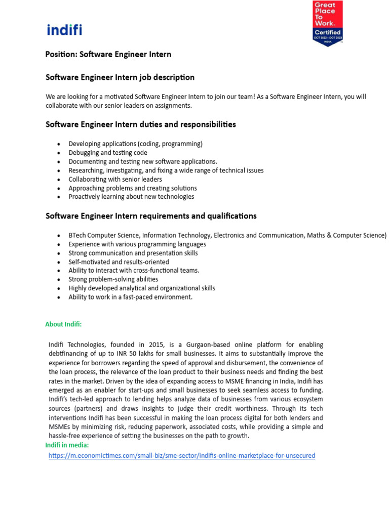 Software Engineer Intern Indifi Pdf