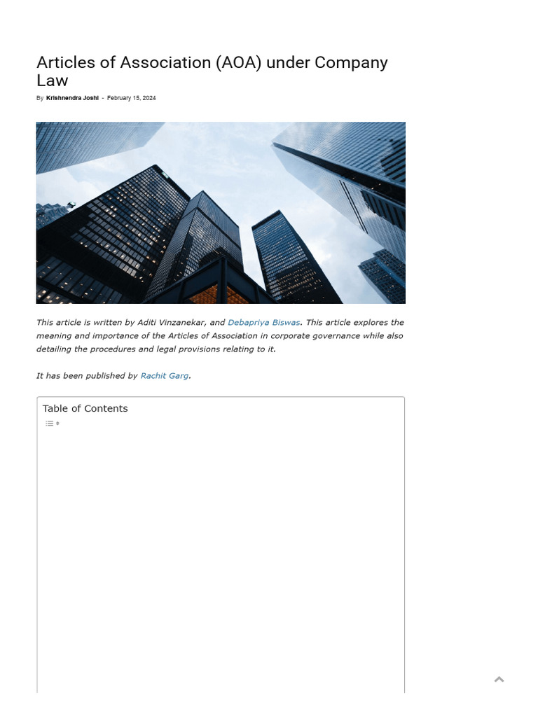 Articles of Association (AOA) Under Company Law | PDF