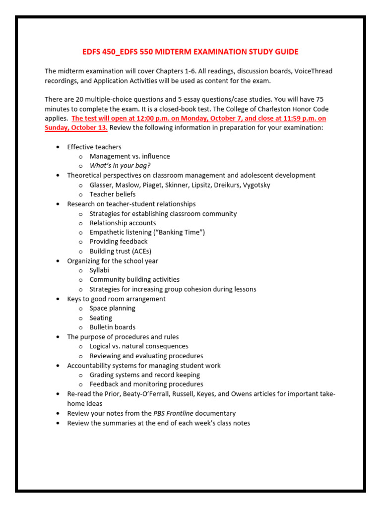 Edfs 450 - Edfs 550 Midterm Examination Study Guide - Fall 2024 | PDF