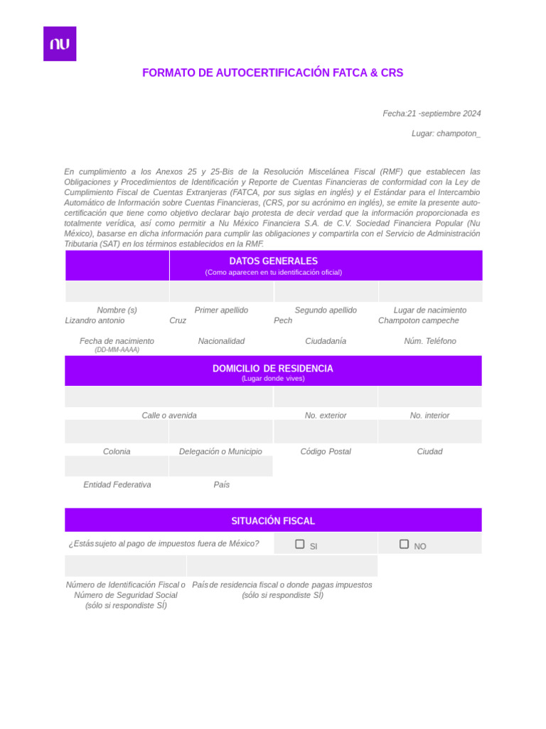 Autocertification Fatca crs22 | PDF