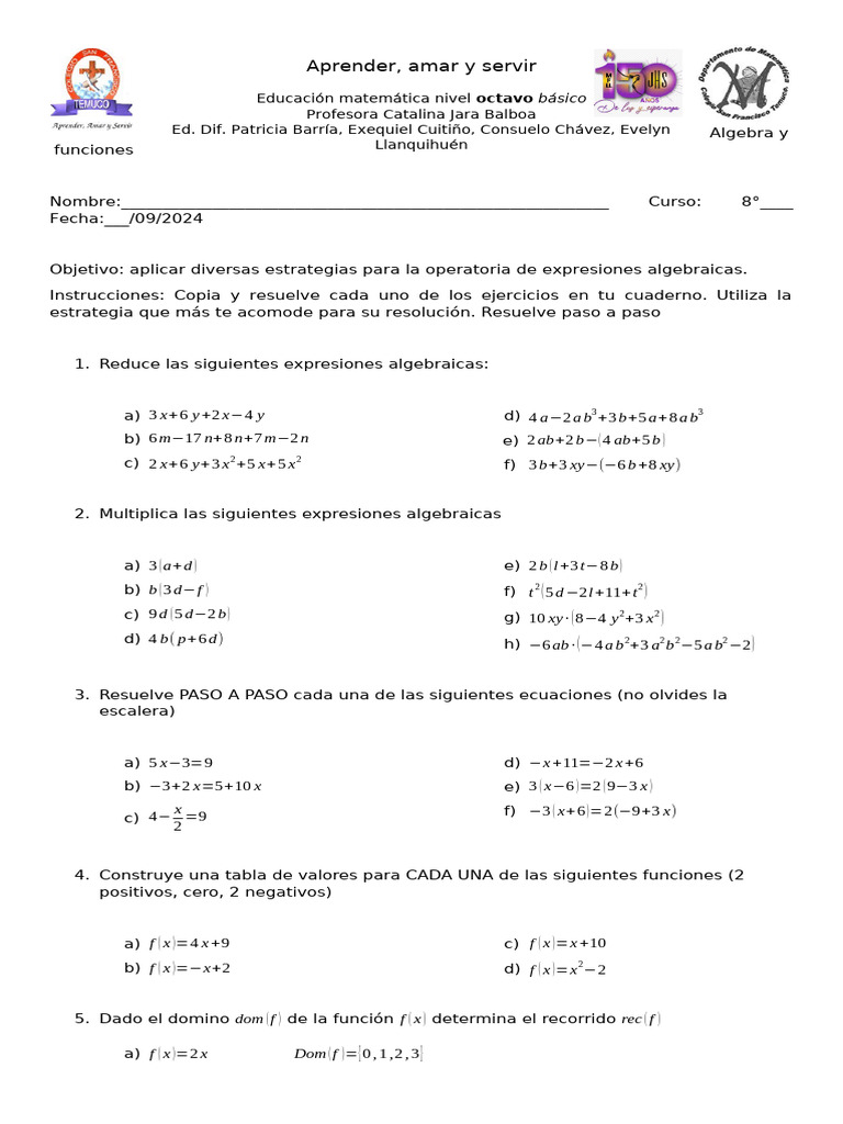 Guía Aplicaicón Algebra y Funciones 8°básico | PDF