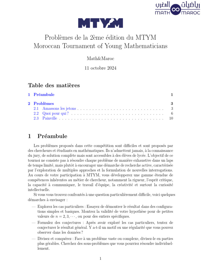 Probl'emes de La 2'eme Edition Du MTYM Moroccan Tournament of Young Mathematicians | PDF