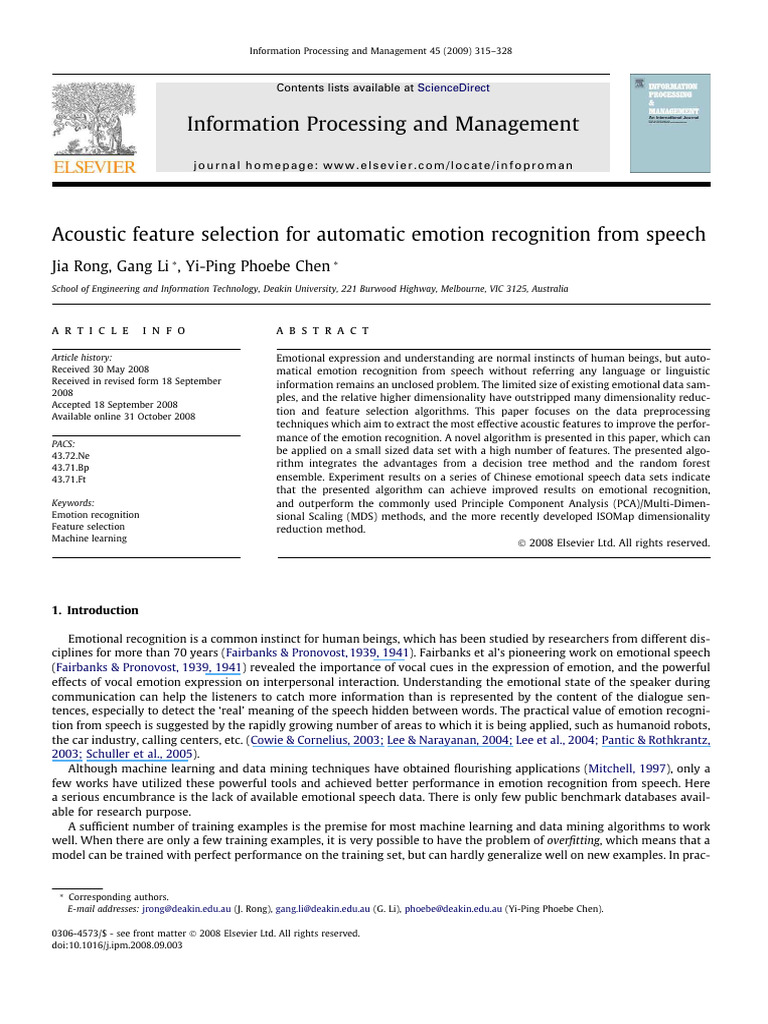 Acoustic Feature Selection For Automatic Emotion Recognition From Speech | PDF | Anger | Emotions