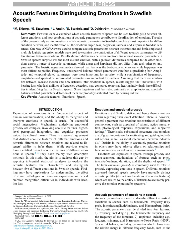 Acoustic Features Distinguishing Emotions in Swedish Speech | PDF ...