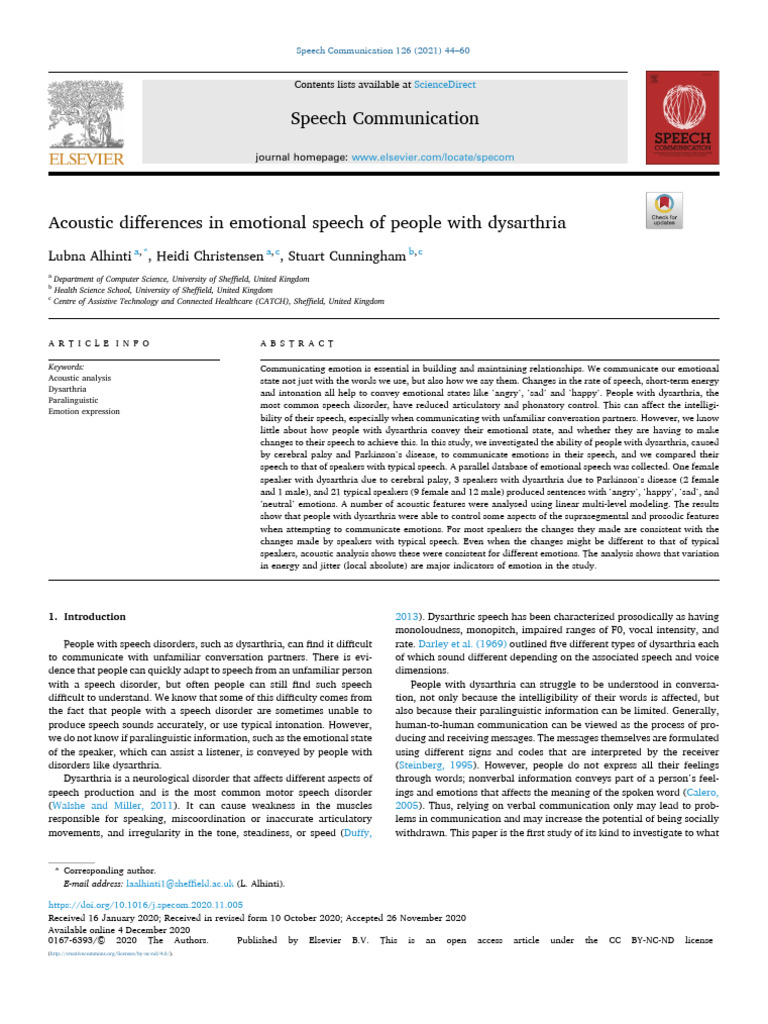 Acoustic Analysis of Emotion in Dysarthria | PDF | Speech | Self ...