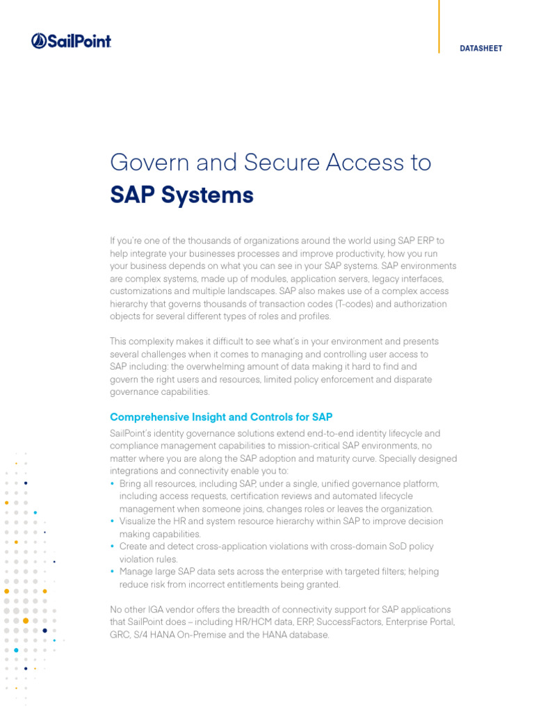 SailPoint Govern and Secure Access SAP Systems | PDF