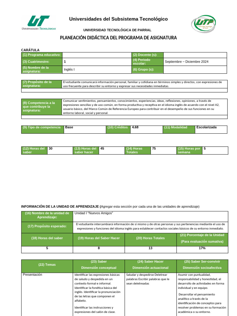 Formato de Planeación Del Programa de Asignatura 2024 | PDF