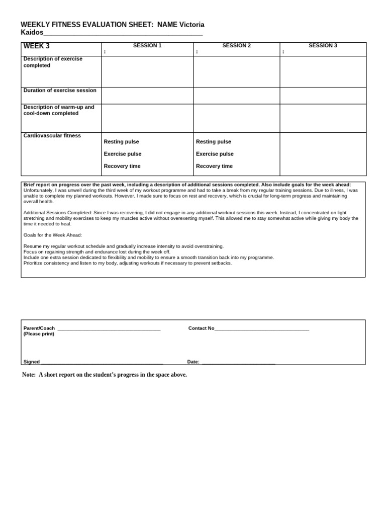 Weekly Fitness Evaluation Sheet | PDF