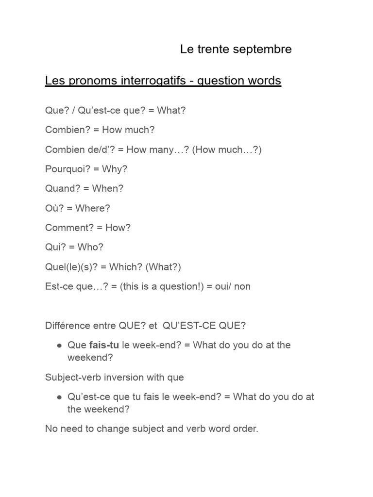 Les Pronoms Interrogatifs - Question Words | PDF