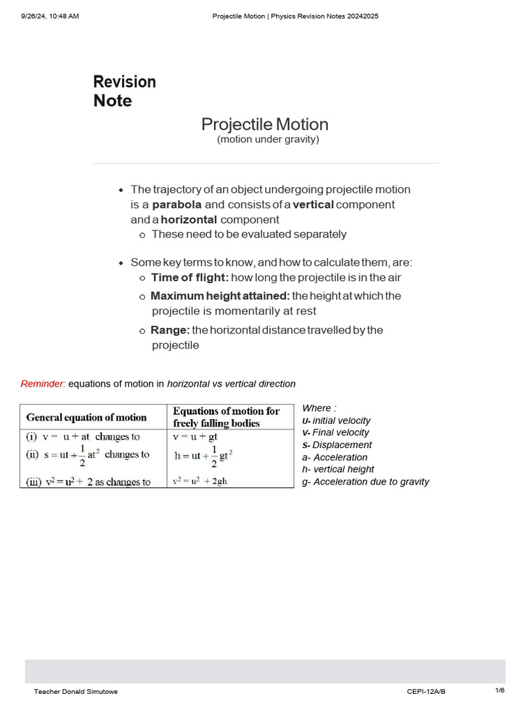 Projectile Motion - Physics Notes 12AB | PDF