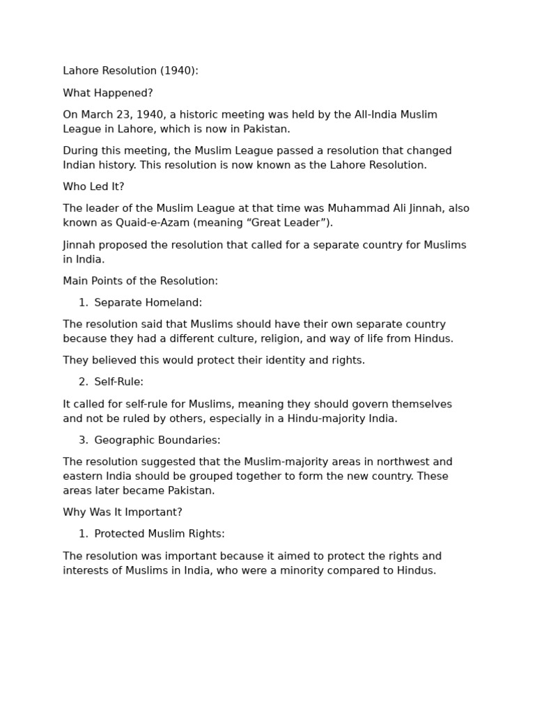 Lahore Resolution 1940 | PDF | Muhammad Ali Jinnah | Two Nation Theory