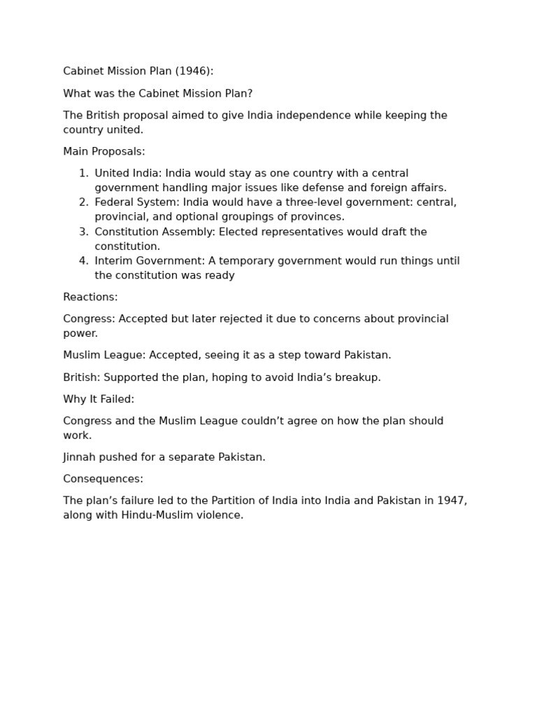 Cabinet Mission Plan 1946 | PDF