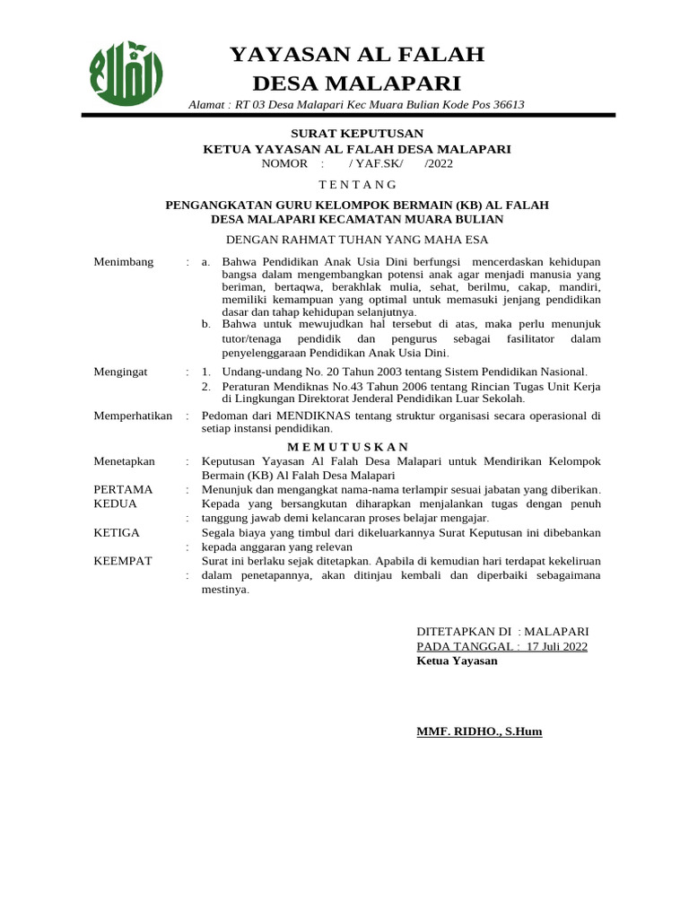 SK Pengangkatan Guru KB 2022 | PDF