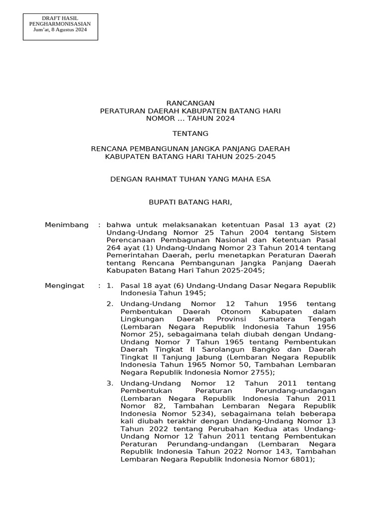 Draft Perda RPJPD Hasil Harmon | PDF