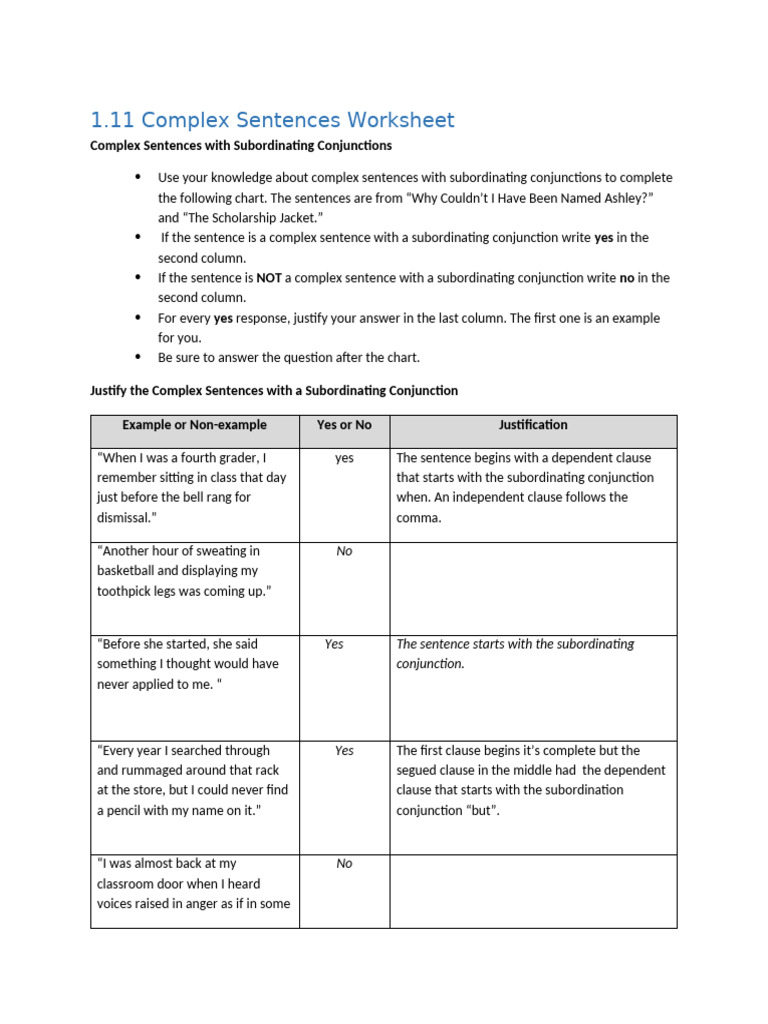 1.11 Complex Sentences Worksheet | PDF