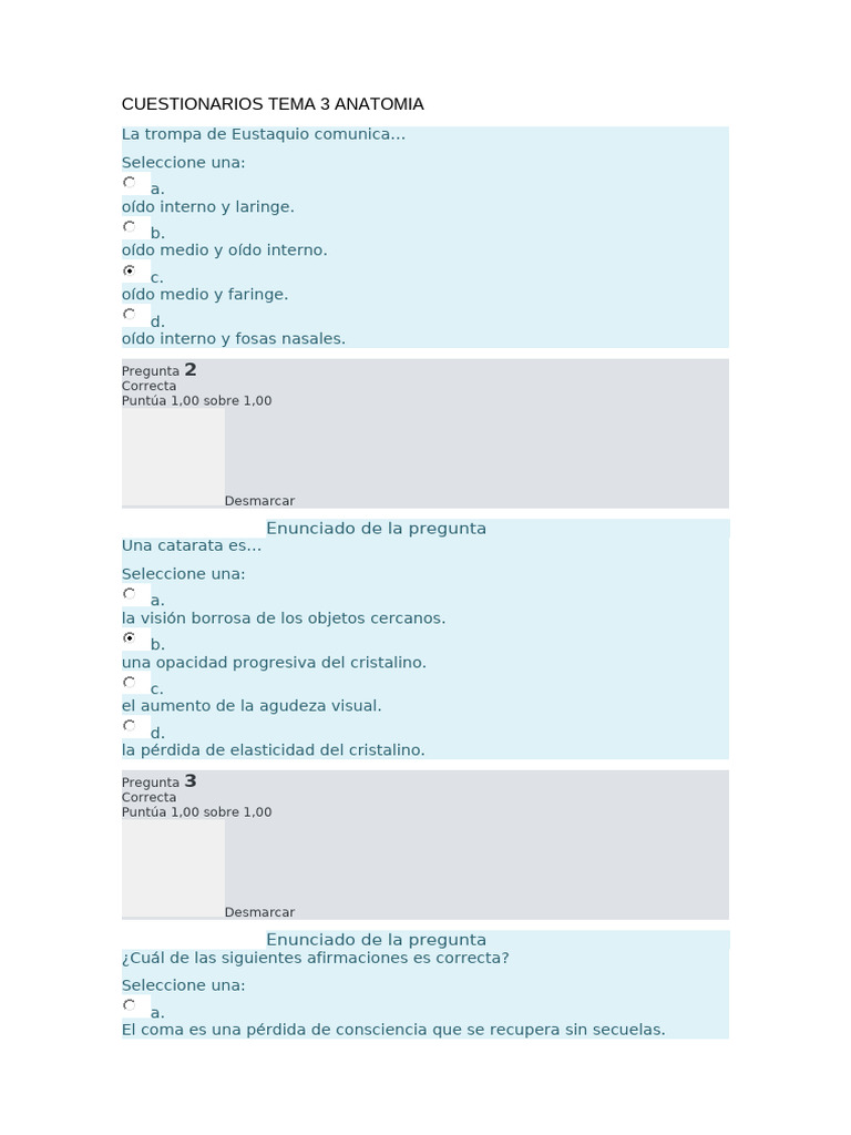 CUESTIONARIO TEMA 3 ANATOMIA | PDF