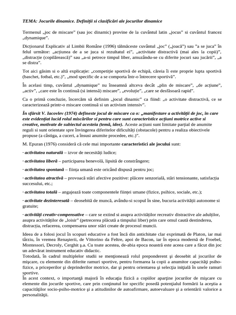 TEMA 3. Jocul Dinamic. Clasificarea Lui | PDF