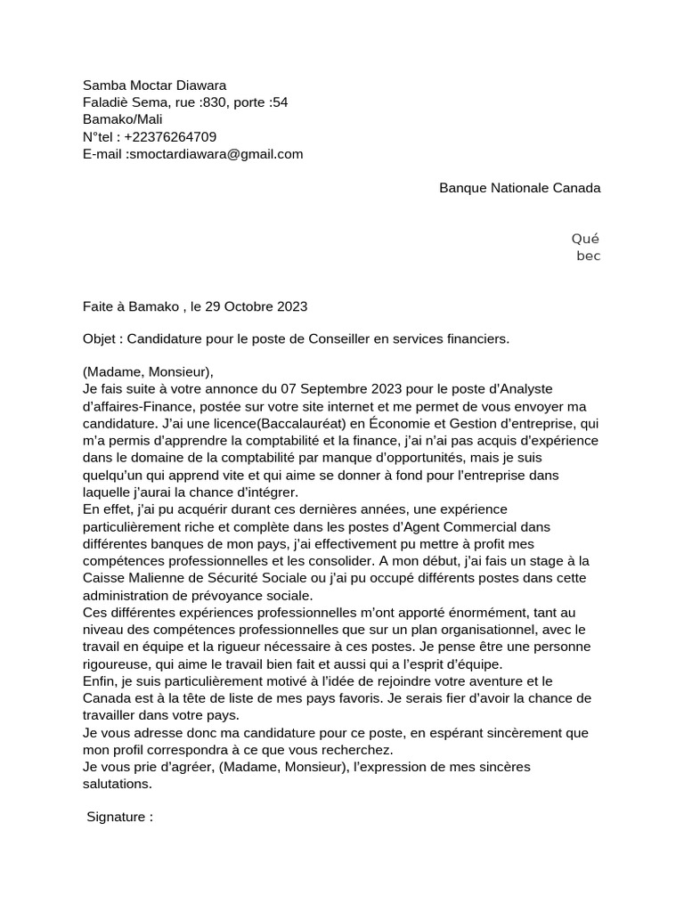 Modèle Lettre Motivation Canada | PDF