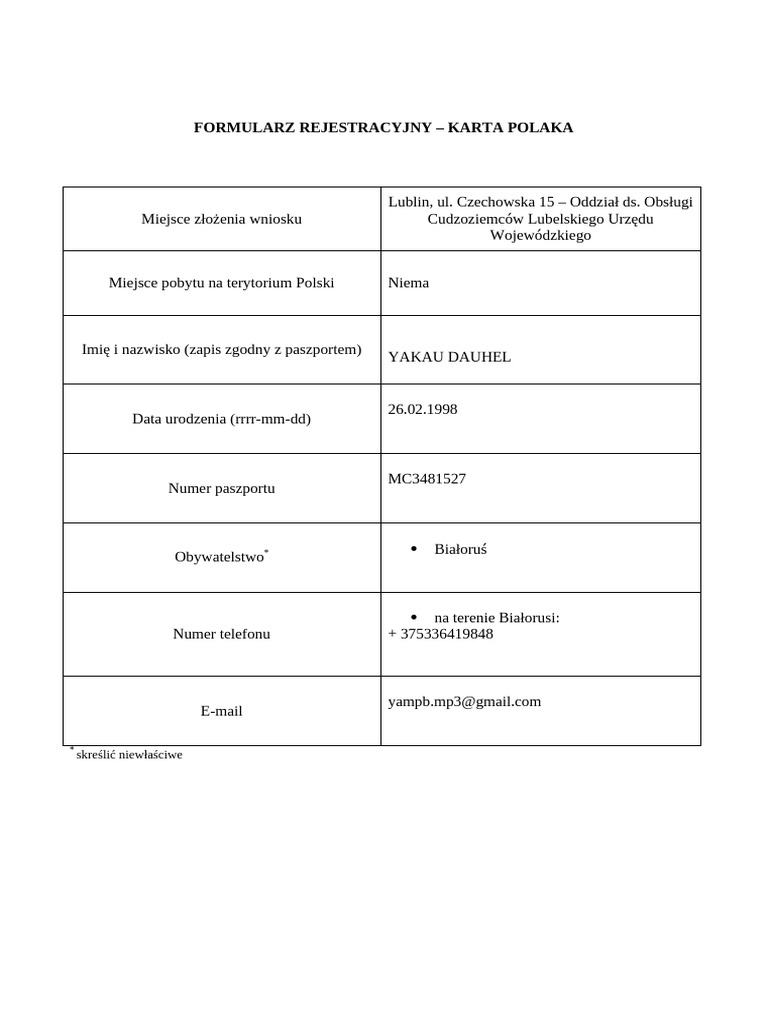 Formularz Rejestracyjny - Karta Polaka - Lublin - 0 | PDF