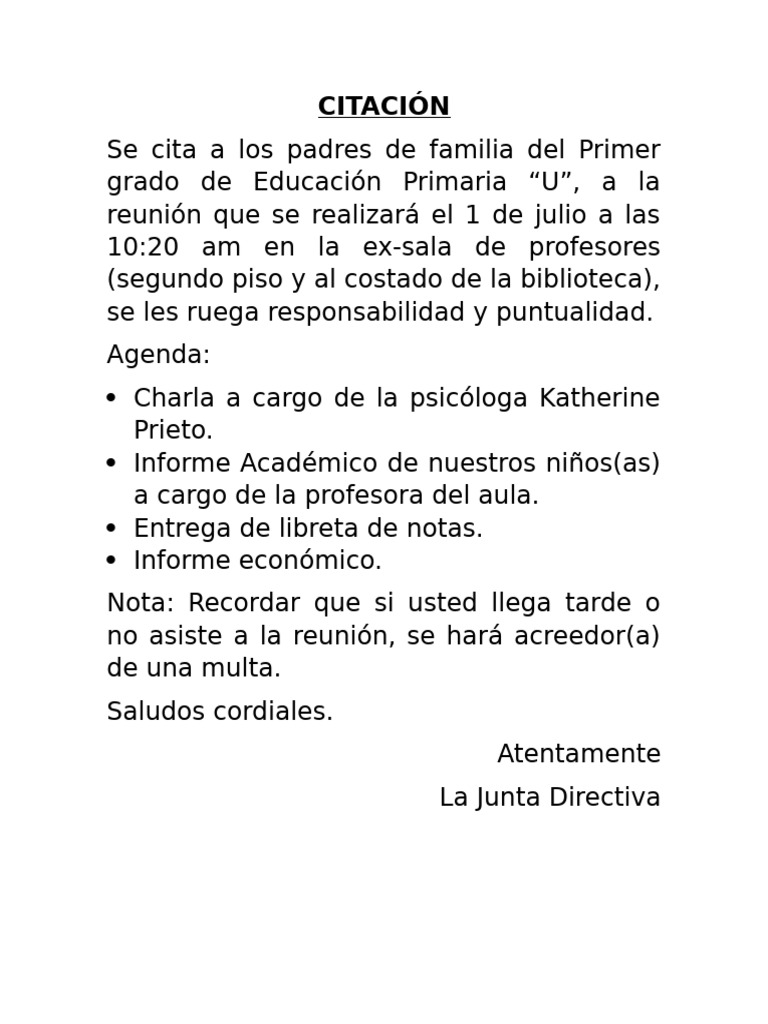 Citación Reunión de Padres de Familia | PDF