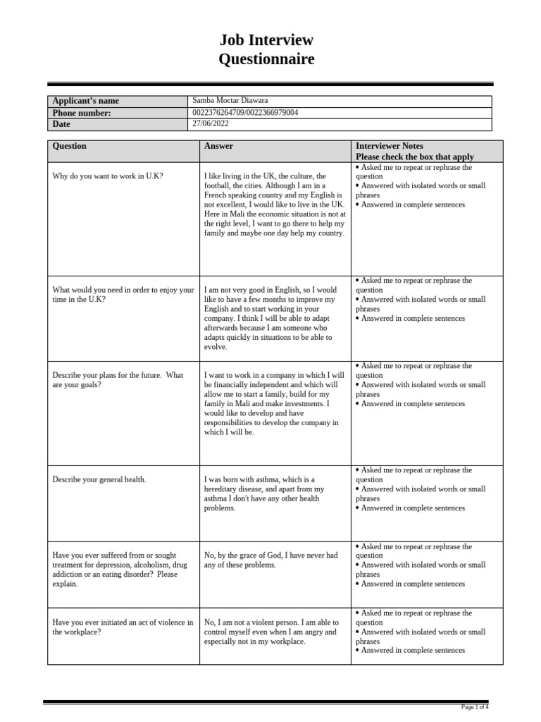 New Job Interview Questionnaire | PDF
