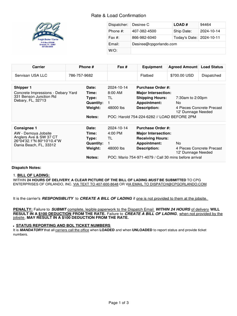 Load Confirmation 94464 | PDF