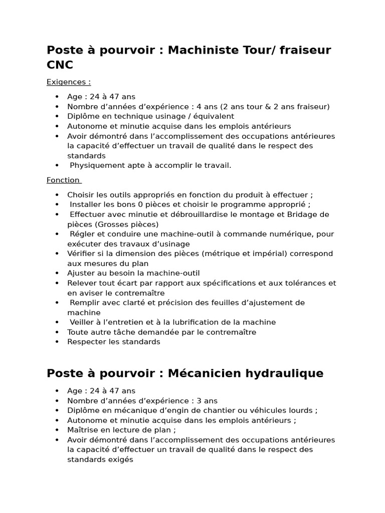 Fiche de Poste Meca, Ope CNC, Soudeur | PDF