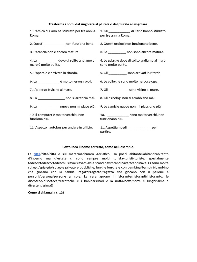 Compito Formazione Dei Plurali | PDF