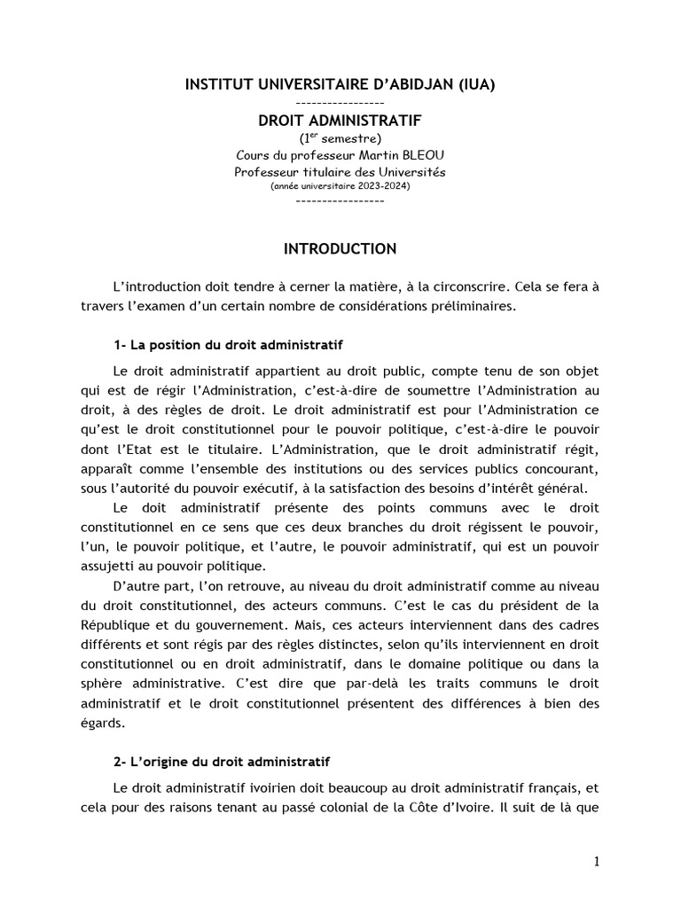 Droit Administratif 2023 2024 INSTITUT UNIVERSITAIRE D'ABIDJAN IUA | PDF