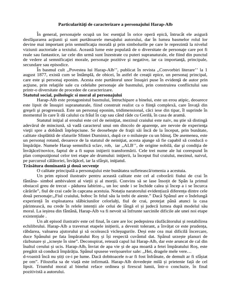 Particularităţi de Caracterizare A Personajului Harap-Alb | PDF