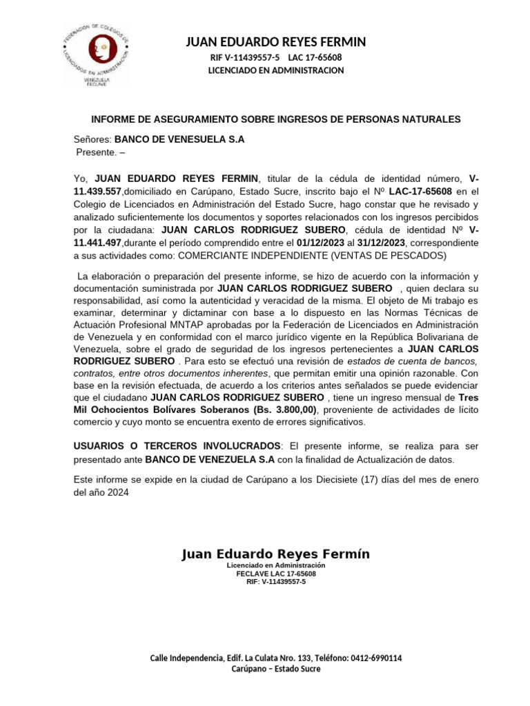Informe de Aseguramiento Sobre Ingresos de Personas Naturales Juan Licenciado | PDF