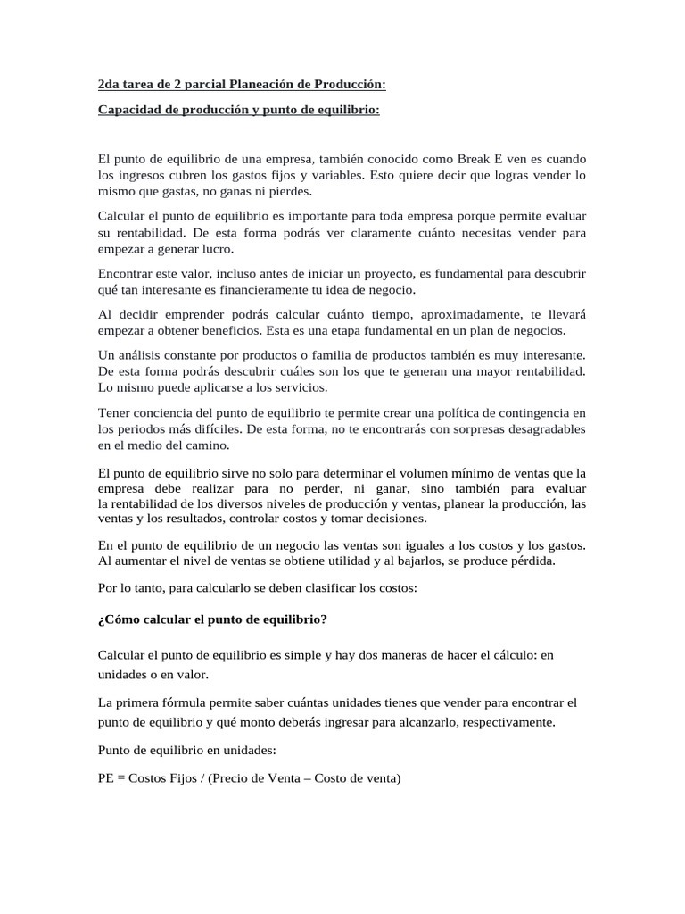 2da Tarea de 2 Parcial Planeación de Producción Capacidad y Equilibrio ...