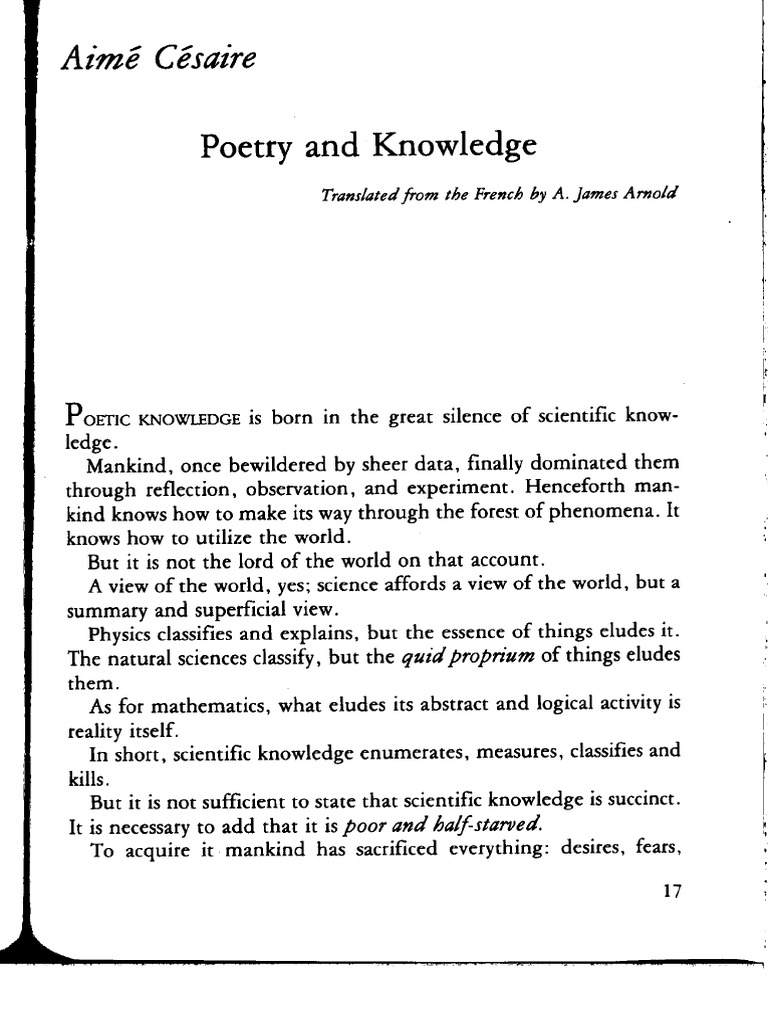 Cesaire Poetry and Knowledge Poetic Knowledge Is Born in The Great Silence of Scientific ...