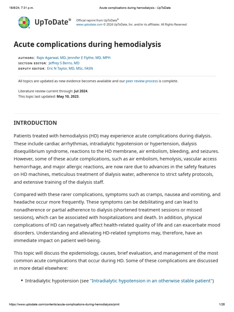Acute Complications During Hemodialysis - UpToDate | PDF