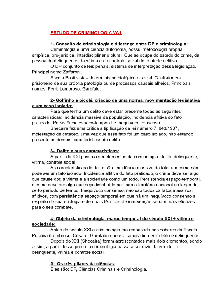 ESTUDO DE CRIMINOLOGIA VA1 | PDF
