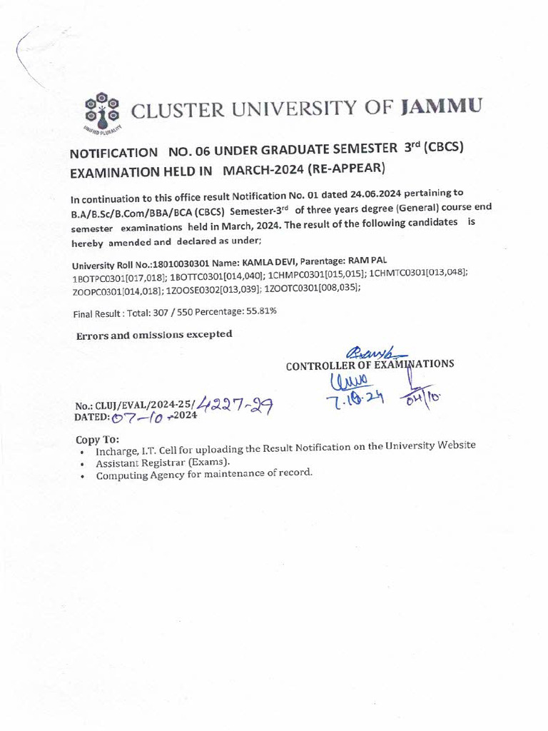 Notification No. 06 Under Graduate Semester 3rd (CBCS) March 2024 ...